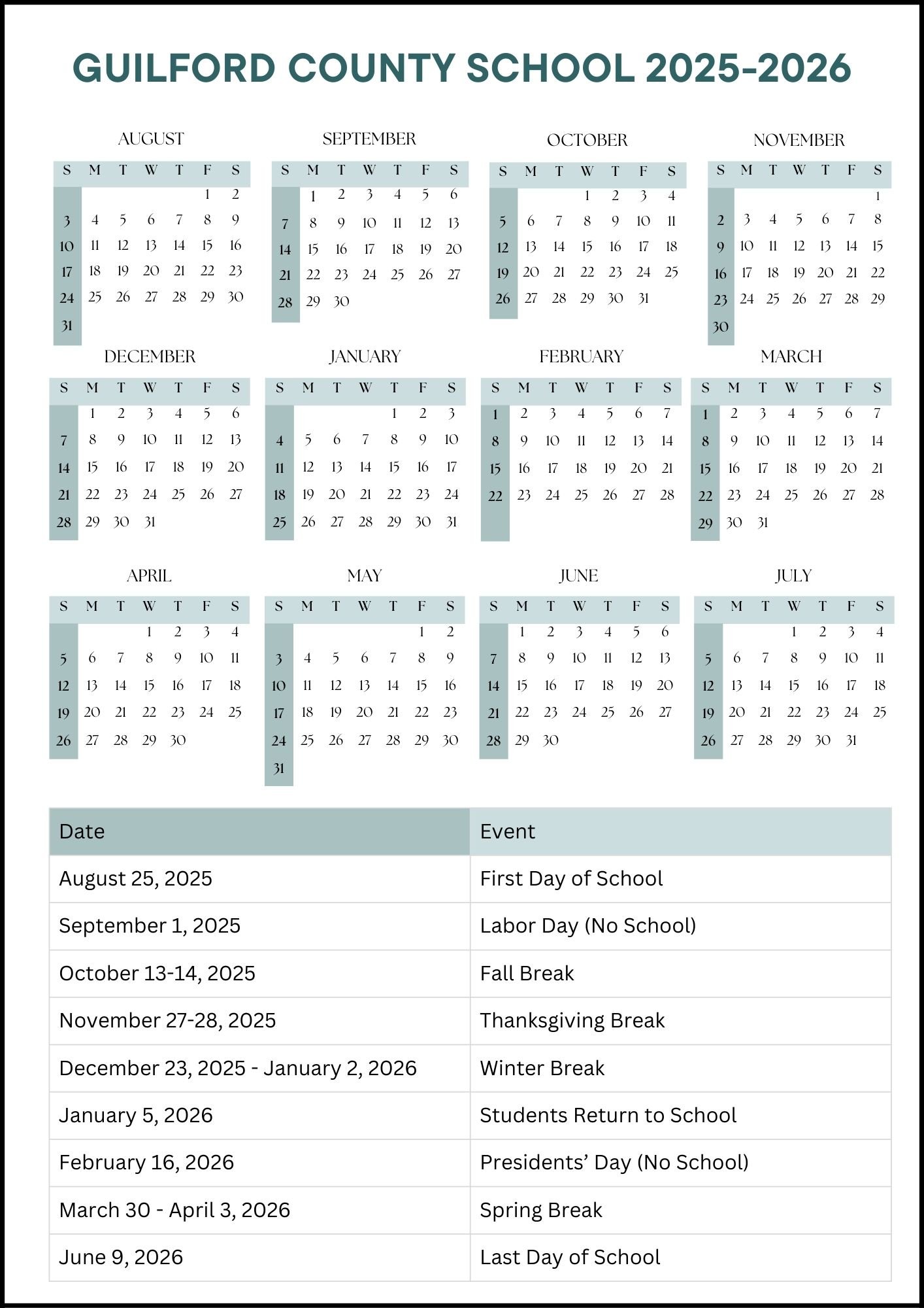 Guilford County Schools Calendar 26 27 - School Calendars & Holiday ...